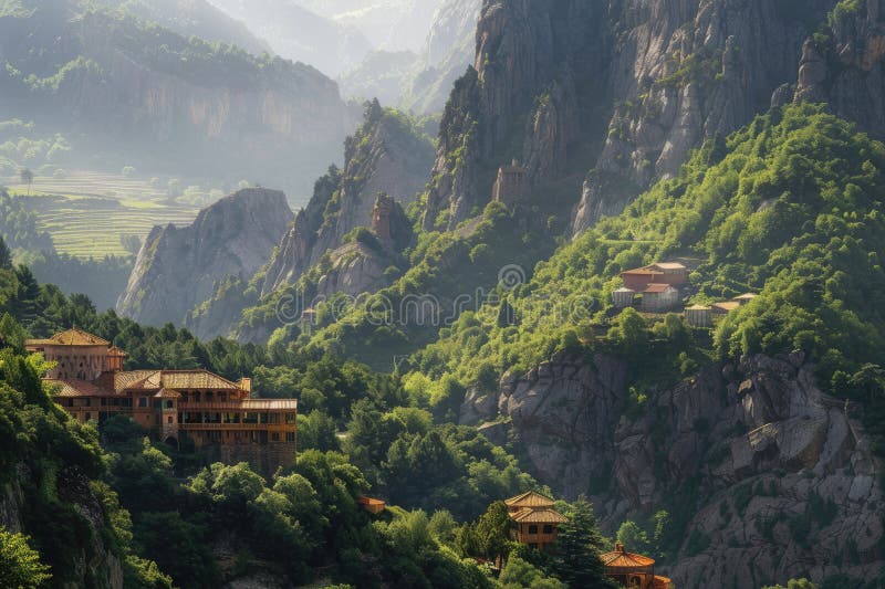 A Tranquil Monastery Nestled in Lush Valley Terrain Stock Illustration ...