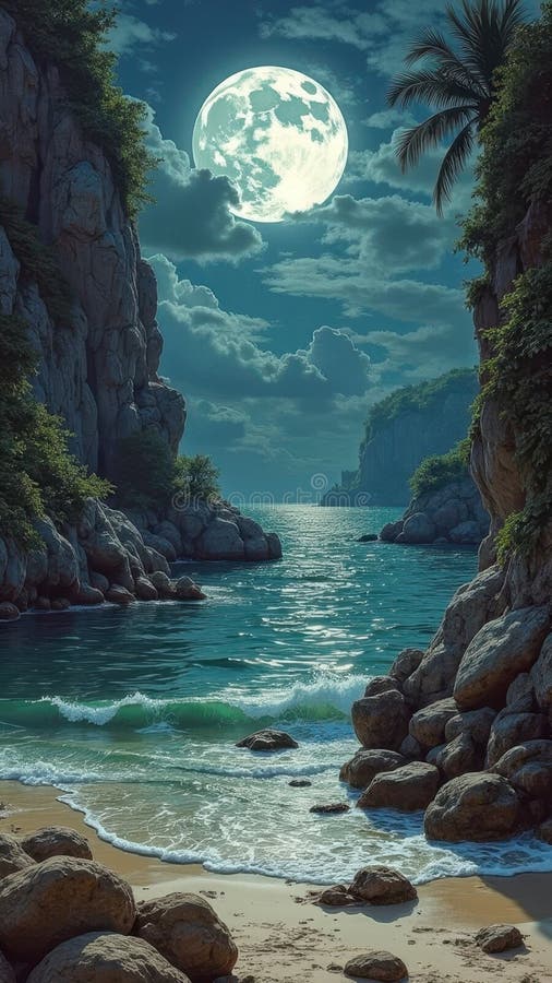 Moonlit Ocean Cove Dark Cliffs Night Stock Photos - Free & Royalty-Free ...