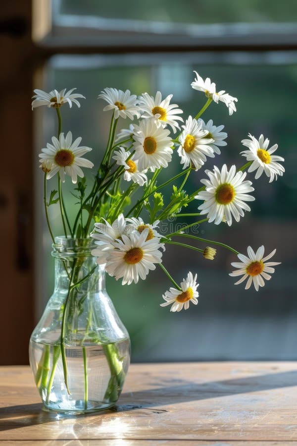 Tranquil Morning Light with Fresh Daisy Arrangement on Window Sill ...
