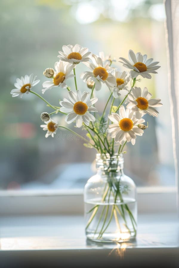 Tranquil Morning Light with Fresh Daisy Arrangement on Window Sill ...