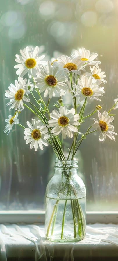 Tranquil Morning Light with Fresh Daisy Arrangement on Window Sill ...