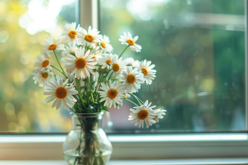 Tranquil Morning Light with Fresh Daisy Arrangement on Window Sill ...