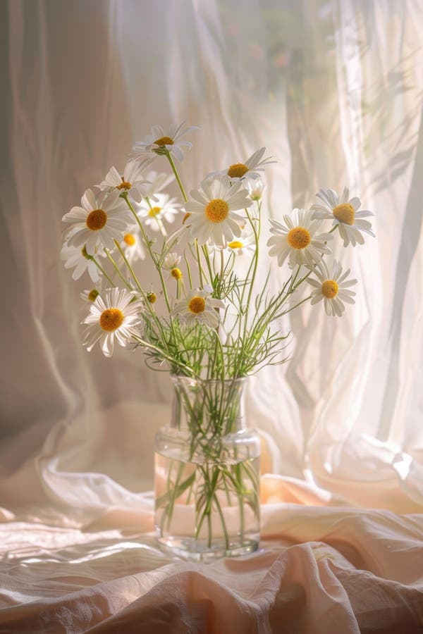 Tranquil Morning Light with Fresh Daisy Arrangement on Window Sill ...