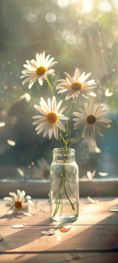 Tranquil Morning Light with Fresh Daisy Arrangement on Window Sill ...