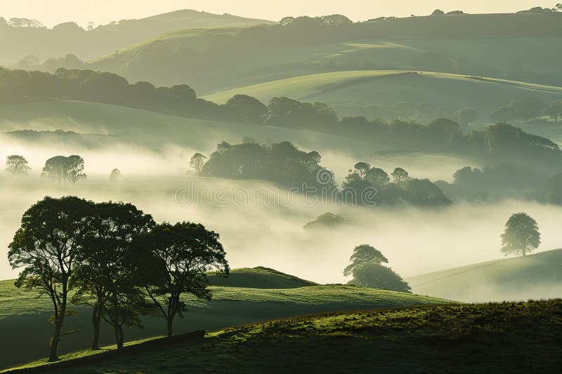 Tranquil Morning Mist Over Rolling Hills Stock Illustration ...