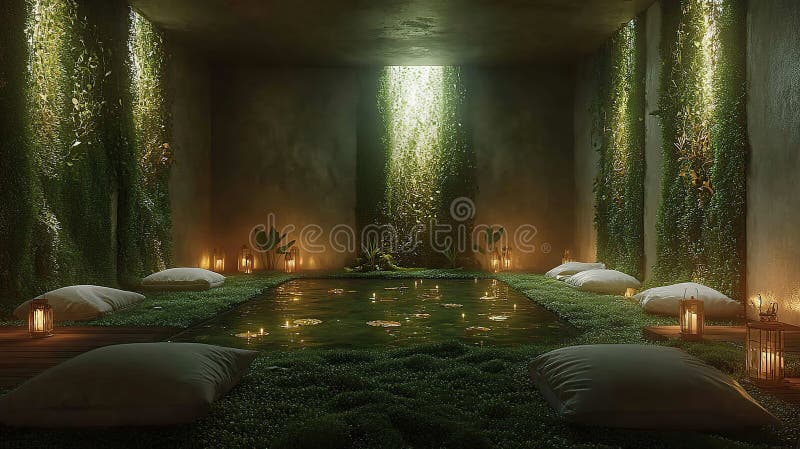 Tranquil, Moss-covered Spa Room with a Reflecting Pool Stock ...