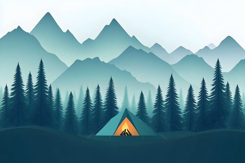 Tranquil Mountain Camping Scene with Forest and Tent Glowing at Dusk ...
