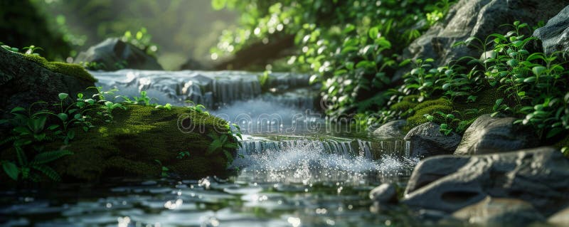 A Tranquil Mountain Stream Background with Flowing Water, Mossy Rocks ...