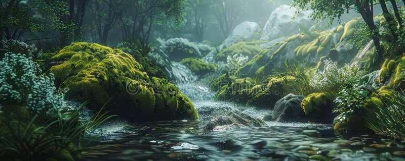 A Tranquil Mountain Stream Background with Flowing Water, Mossy Rocks ...