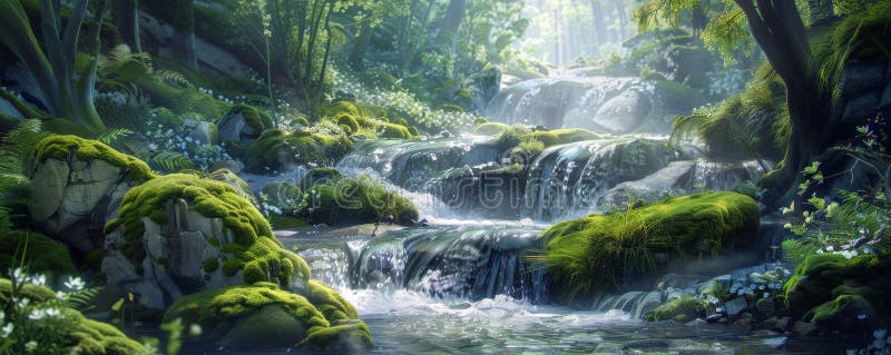 A Tranquil Mountain Stream Background with Flowing Water, Mossy Rocks ...