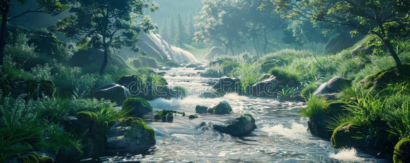 A Tranquil Mountain Stream Background with Flowing Water, Mossy Rocks ...