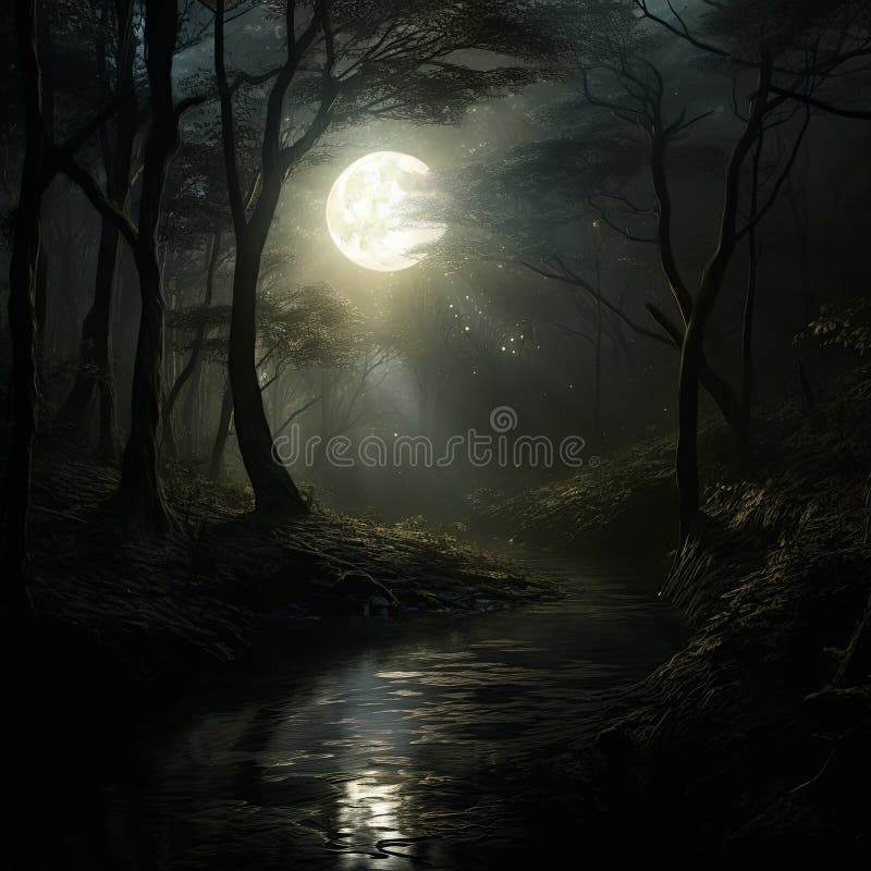 A Tranquil and Mystical Scene of a Moonlit Forest with a Glowing River ...