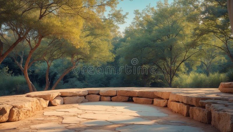 Tranquil Nature Scene with Green Trees and Rustic Rock Patio in Sunlit ...