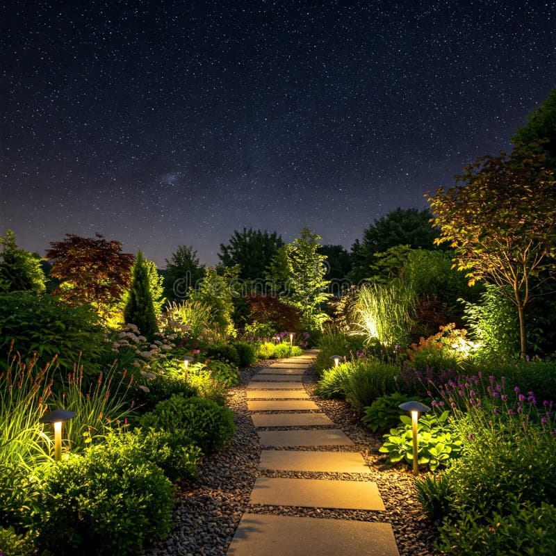 Tranquil Night Garden Illuminated Stone Path (Generated with AI) Stock ...
