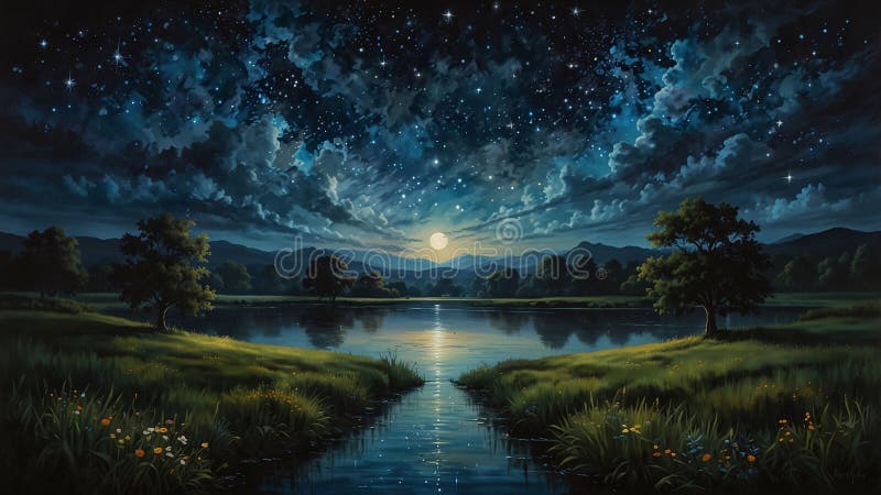 Tranquil Night Landscape with Starry Sky, Moonlit Lake, and Lush ...