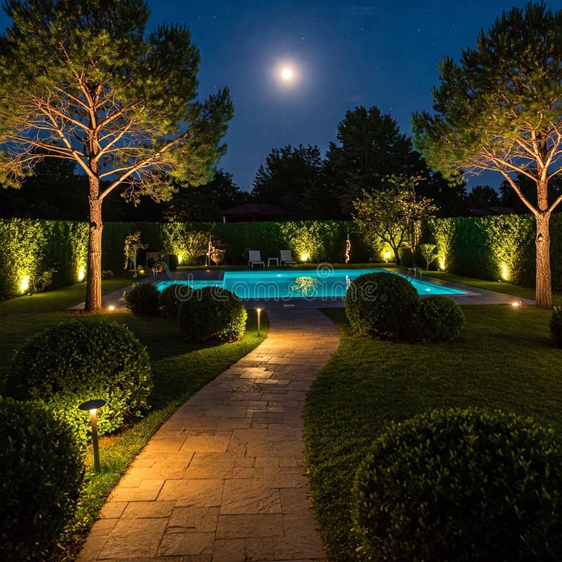 Tranquil Night Pool Landscape Lighting (Generated with AI) Stock Photo ...