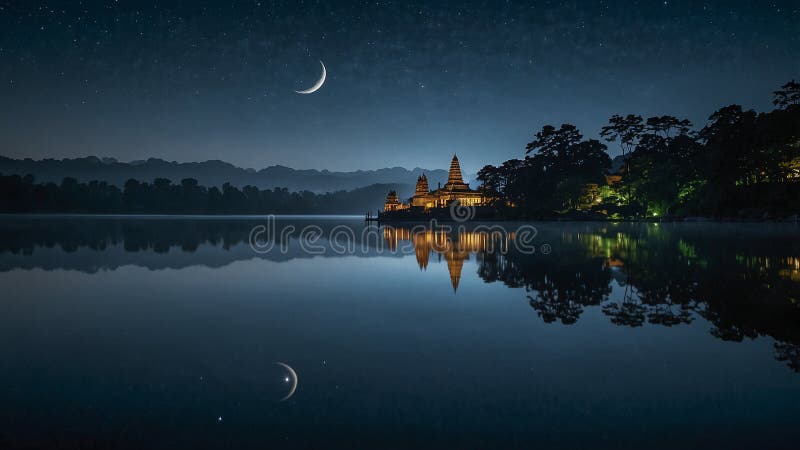 Tranquil Night Scene with Crescent Moon Reflection Stock Illustration ...