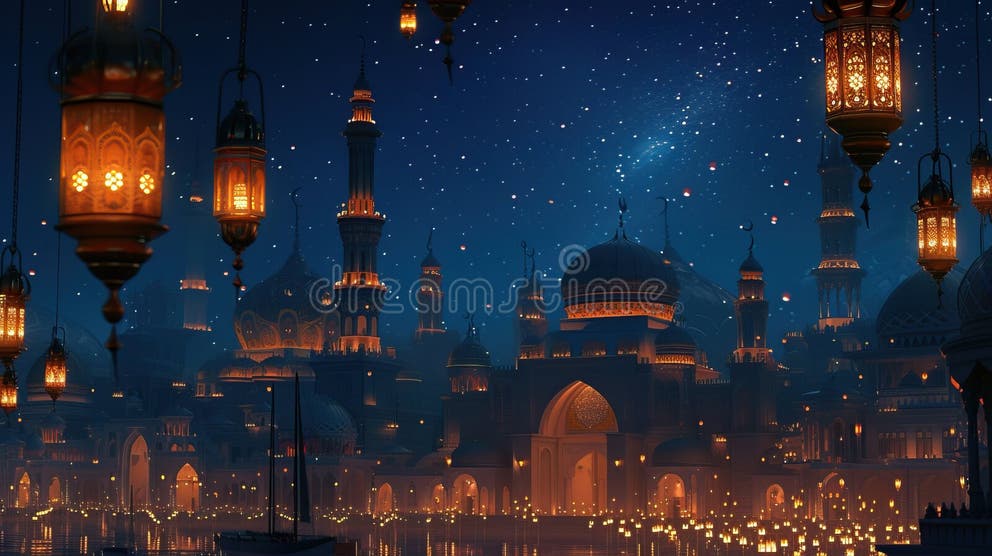 Tranquil Night Scene with Lanterns Hanging from Home and Starlight ...