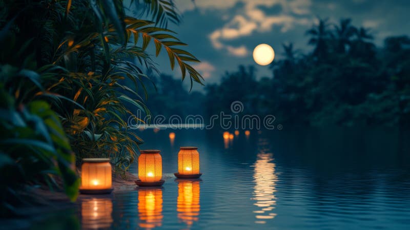Tranquil Night Scene with Lit Lanterns Floating on Water Stock ...