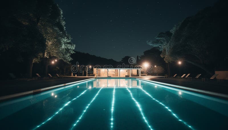Tranquil Night Swim in Illuminated Blue Pool Reflects Starry Galaxy ...