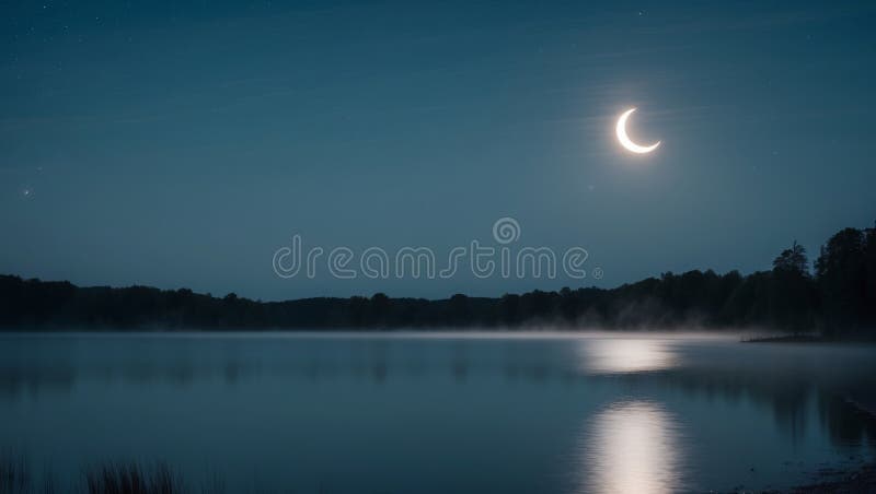 Tranquil Nighttime Lake with Crescent Moon and Stars. Stock Image ...
