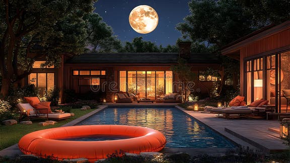 Nighttime Poolside Relaxation Stock Illustration - Illustration of relaxing, reflection: 380054323