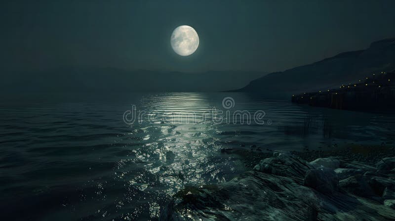 Moonlit Waterscape stock illustration. Illustration of reflection ...
