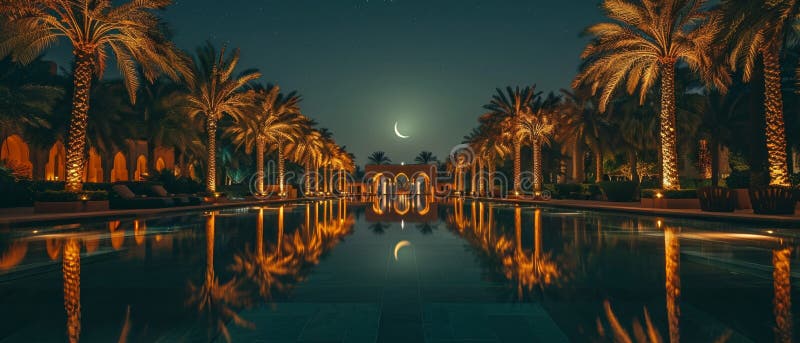A Tranquil Oasis with a Reflecting Pool Mirroring the Crescent Moon ...