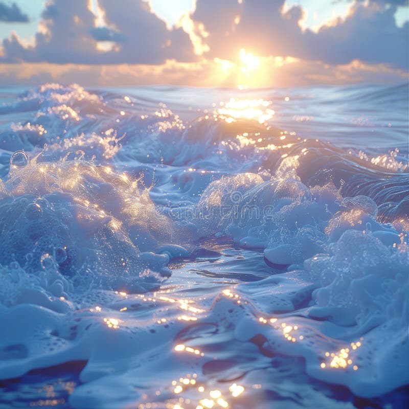 Tranquil Ocean Scene at Sunrisesunset, Warm Glow, Rippled Waves, White ...