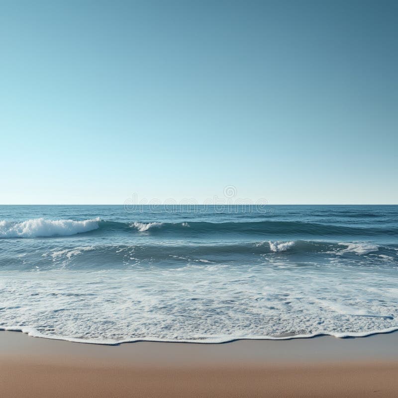 Tranquil Ocean Waves Gently Lapping Against Sandy Shore Under Clear ...