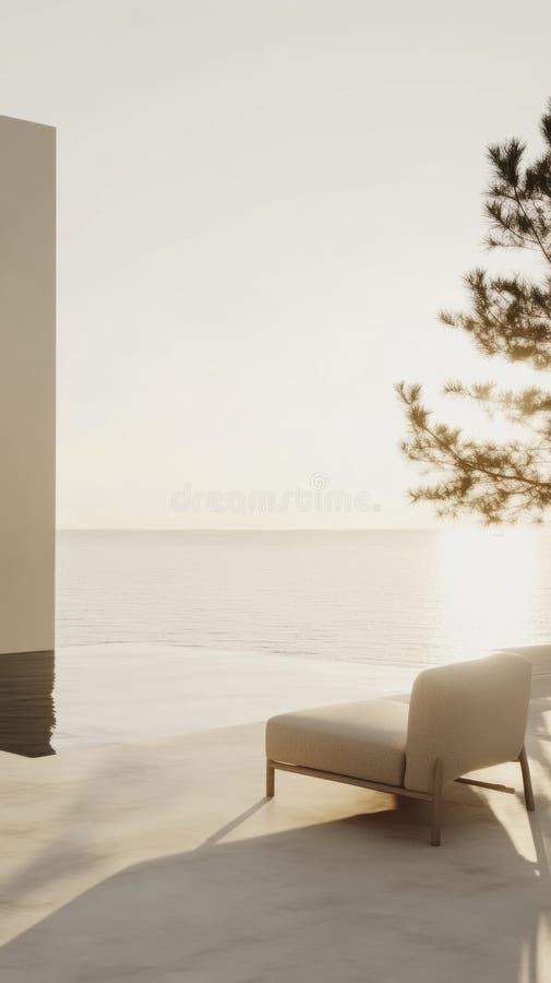 Tranquil Oceanfront Retreat with Modern Chair and Serene Sunset Stock Image - Image of design ...