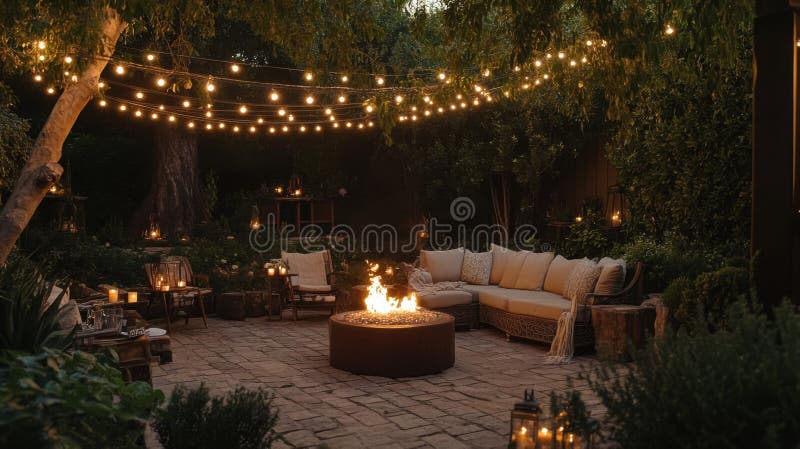 A Tranquil Outdoor Lounge with a Fire Pit, String Lights Quality Pic ...