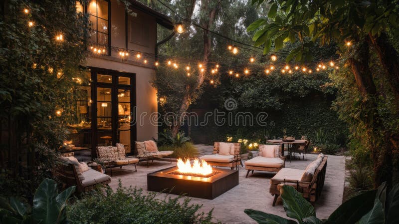 A Tranquil Outdoor Lounge with a Fire Pit, String Lights Quality Pic ...