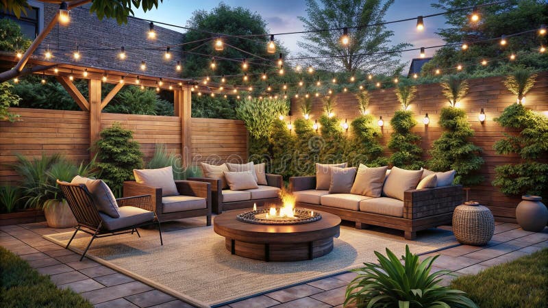 A Tranquil Outdoor Patio with Comfortable Seating a Fire Pit and String ...