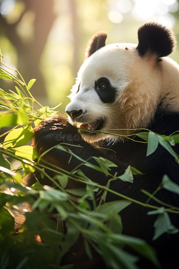 A Tranquil Panda Munching on Bamboo in a Warm, Sunlight-filled Forest ...