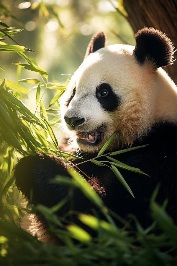 A Tranquil Panda Munching on Bamboo in a Warm, Sunlight-filled Forest ...
