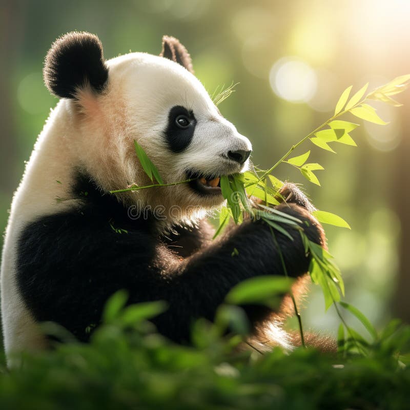 A Tranquil Panda Munching on Bamboo in a Warm, Sunlight-filled Forest ...