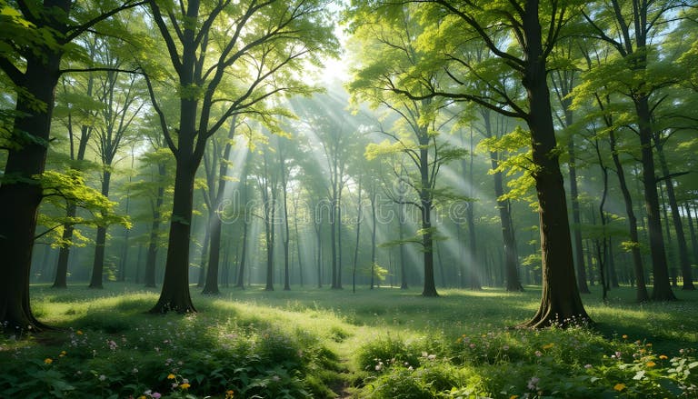 Tranquil Panoramic Spring Landscape with Warm Sunlight Stock ...
