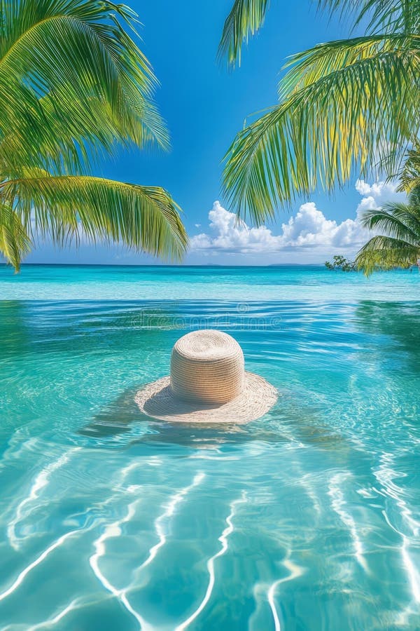 Tranquil Paradise a Summer Vacation Dream with a Sun Hat Floating in a ...