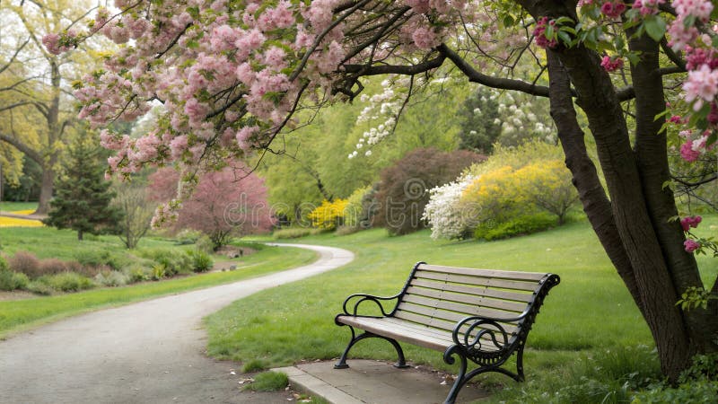Tranquil Park Bench Beneath Blooming Cherry Blossom Trees in Springtime ...