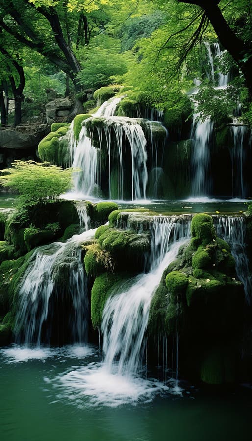 Tranquil Park Landscape with Beautiful Cascading Waterfall Surrounded ...