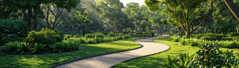 Tranquil Park with Lush Green Pathways, Ideal for Outdoor Visuals Stock ...