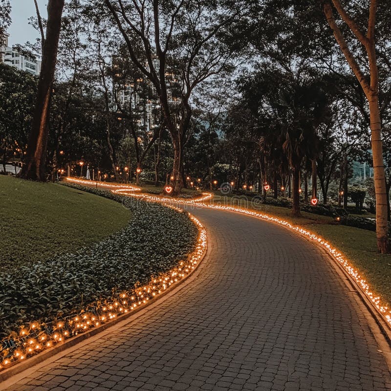 A Tranquil Park Pathway Lined with Heart-shaped Trees Stock ...