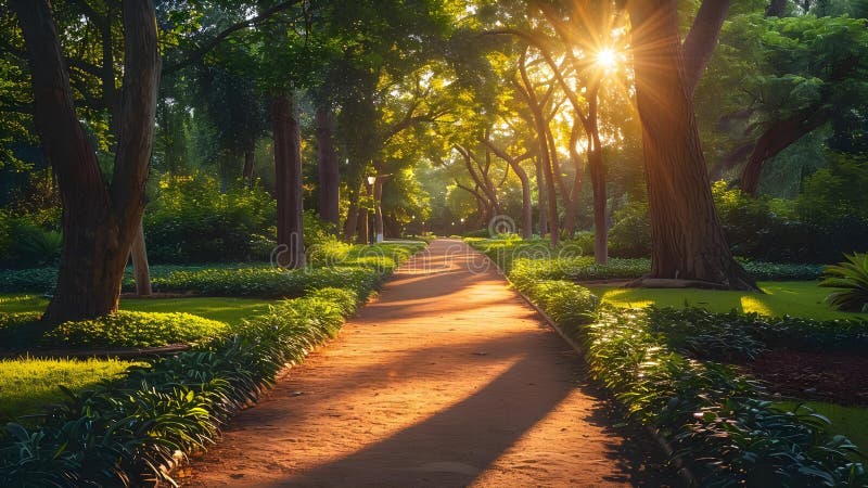 Tranquil Park Pathway Surrounded by Lush Greenery, Ideal for a ...