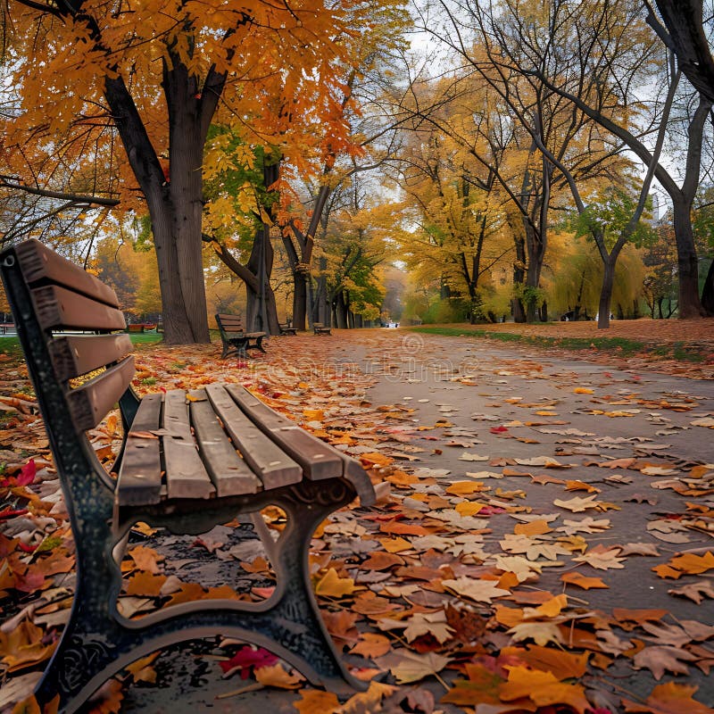 9. a Tranquil Park Scene with Benches, a Path Covered in Fallen Leaves ...