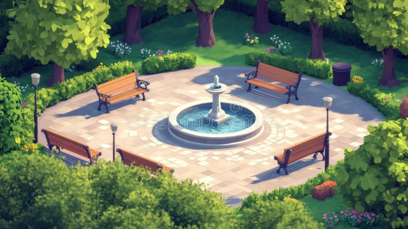 Tranquil Park Scene with Fountain and Benches Stock Illustration ...