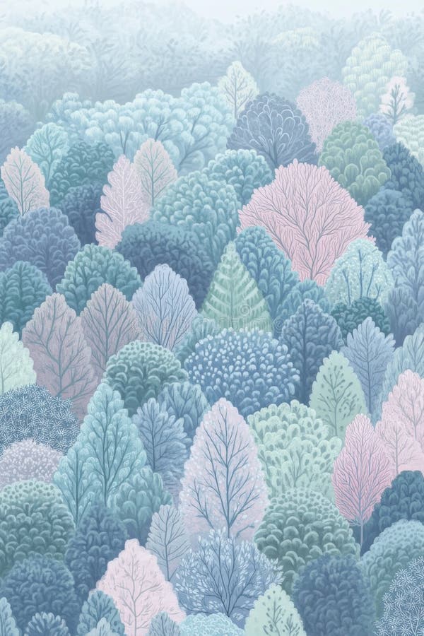 Tranquil Pastel Forest Scene with Diverse Tree Foliage in Soft Hues ...