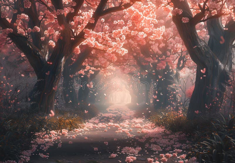Tranquil Path through Cherry Blossom Forest in Spring Stock ...