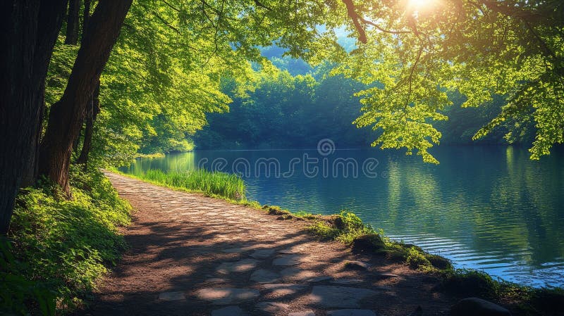 Serene Lakeside Path at Sunset with Vibrant Foliage and Warm Golden ...