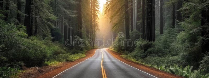 Tranquil Path Scenic Road Winding through Redwood National Forest Stock ...